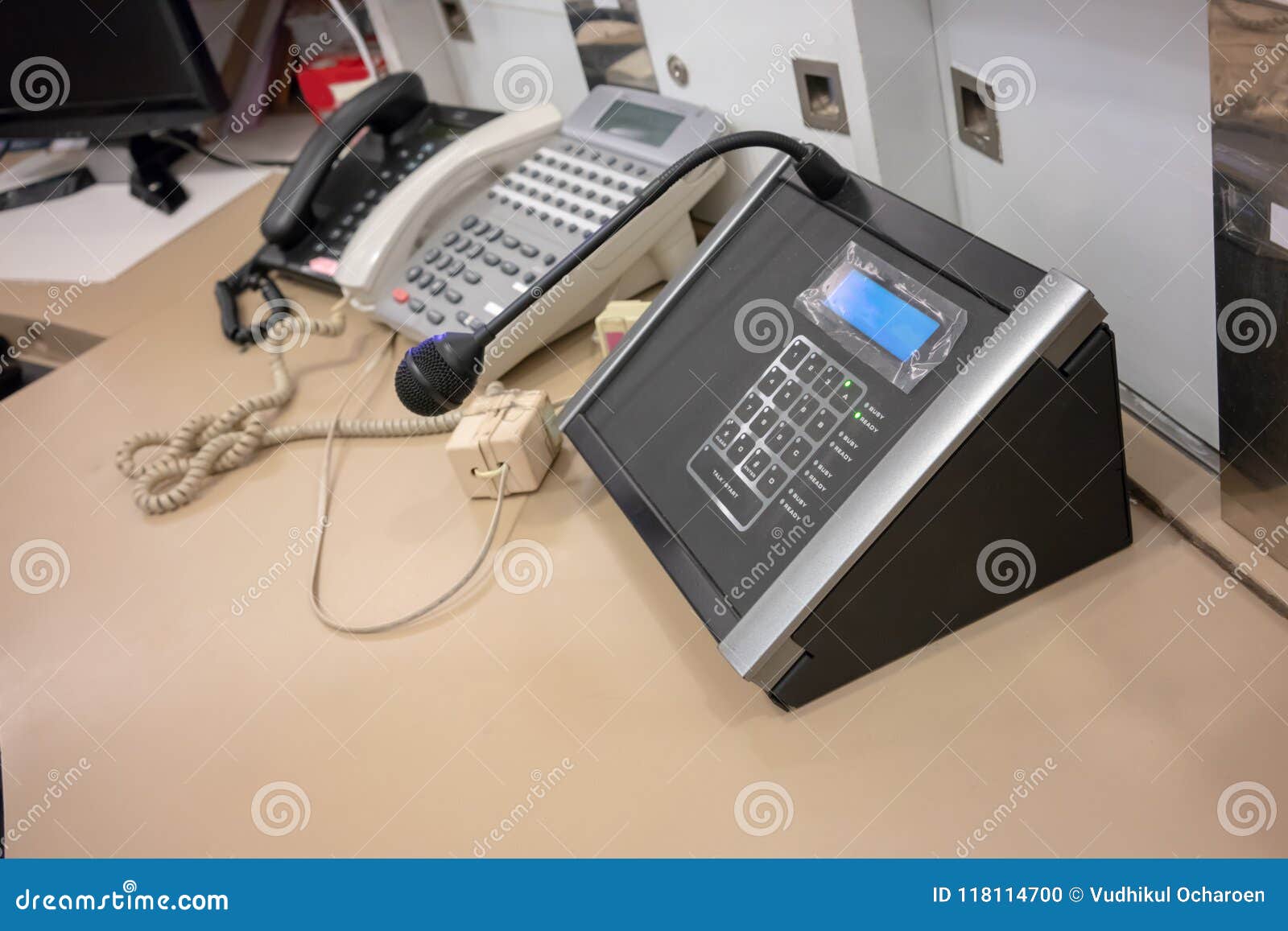 Microphone and Telephone on Working Table for Operator. Stock Photo ...