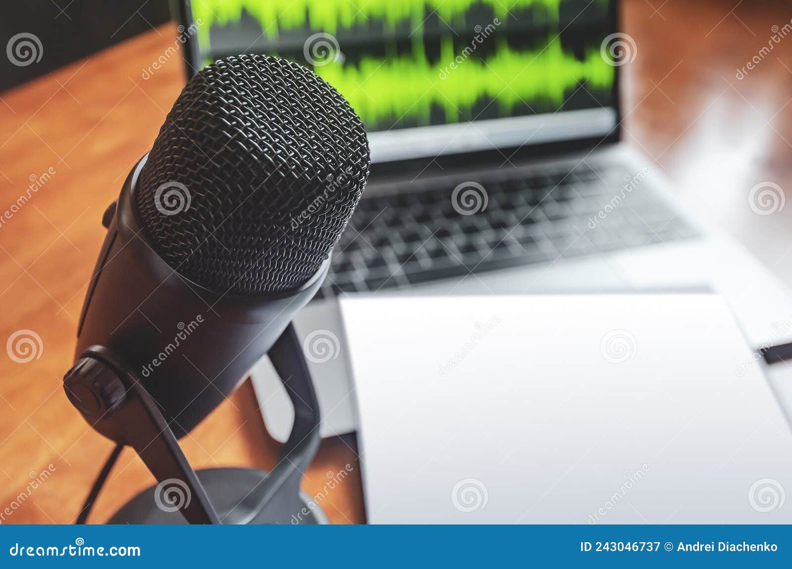 Microphone and Wave Form on the Screen and Blank Sheet Stock Image ...