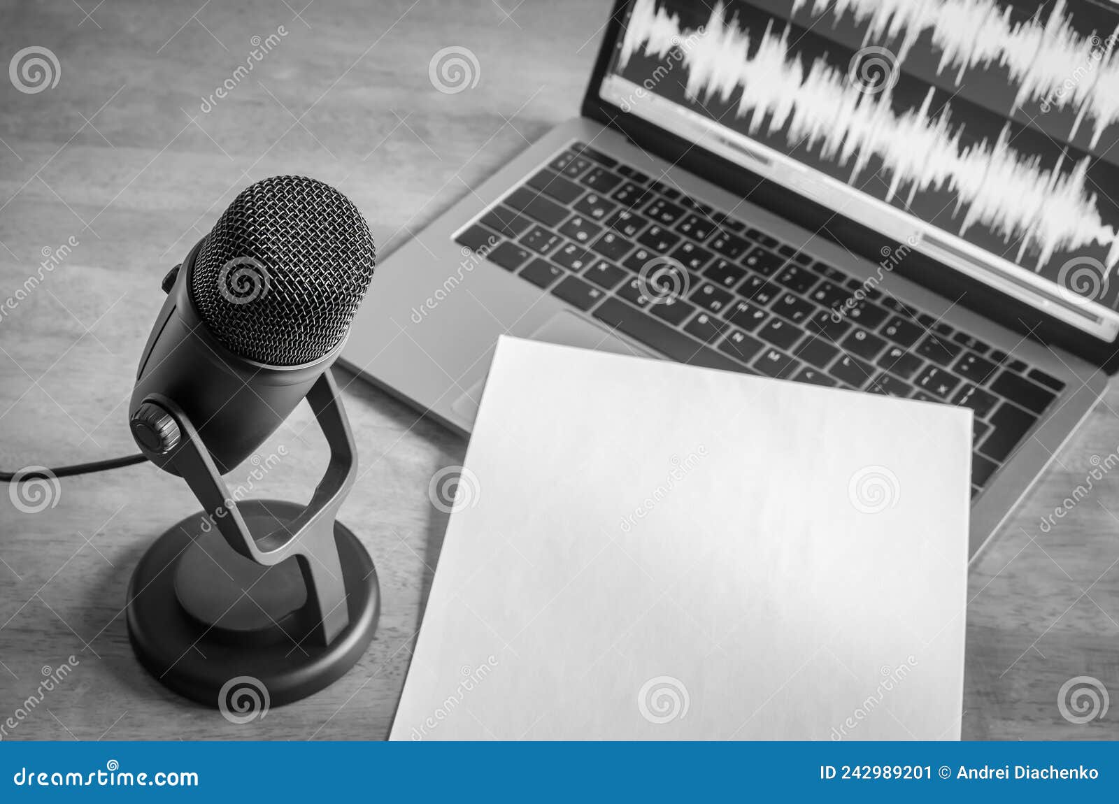 Microphone and Wave Form on the Screen and Blank Sheet Stock Image ...