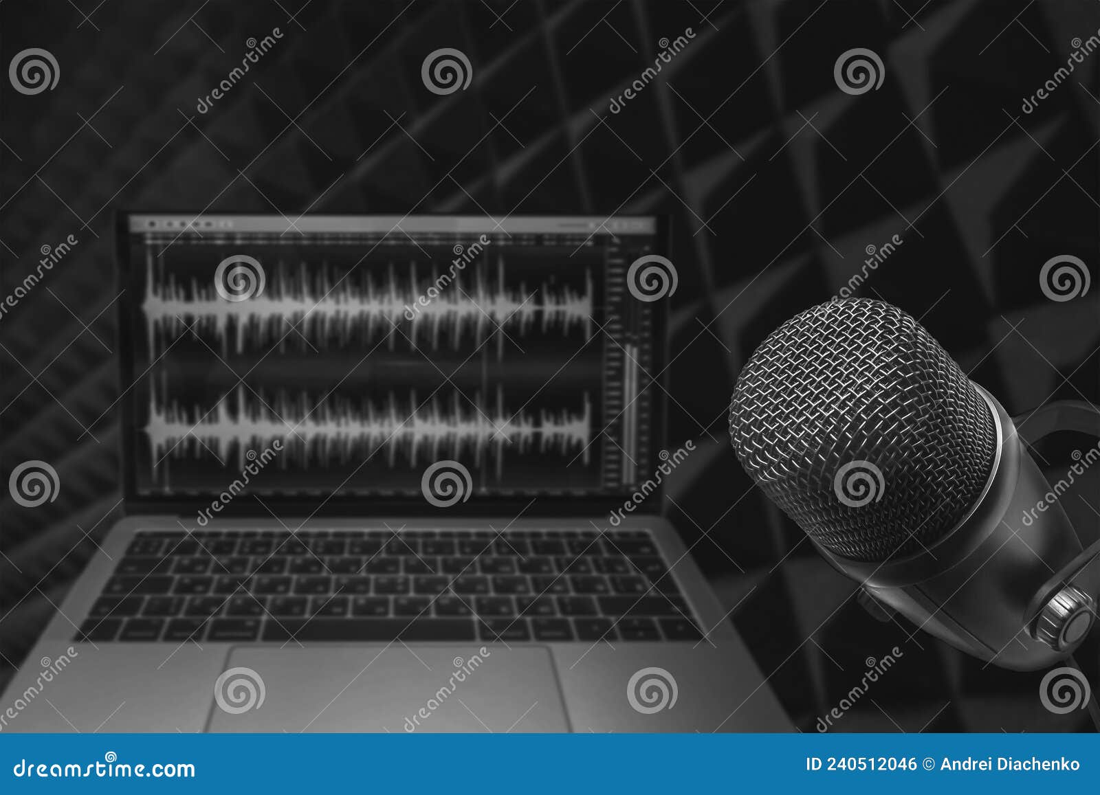 Microphone and Wave Form on the Screen Stock Photo - Image of podcast ...