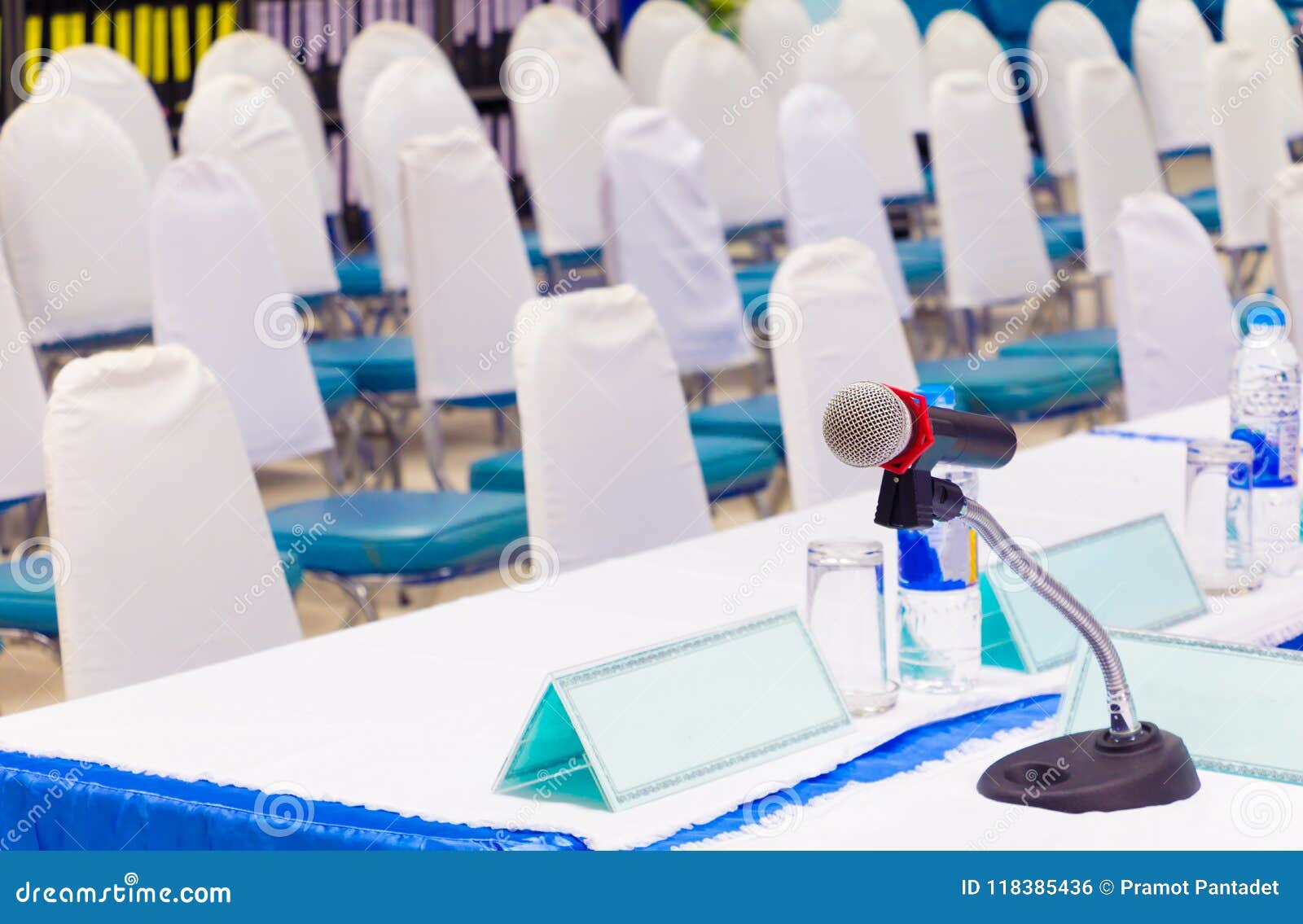 Microphone Wireless on Stand Table in Conference Seminar Room with Copy ...