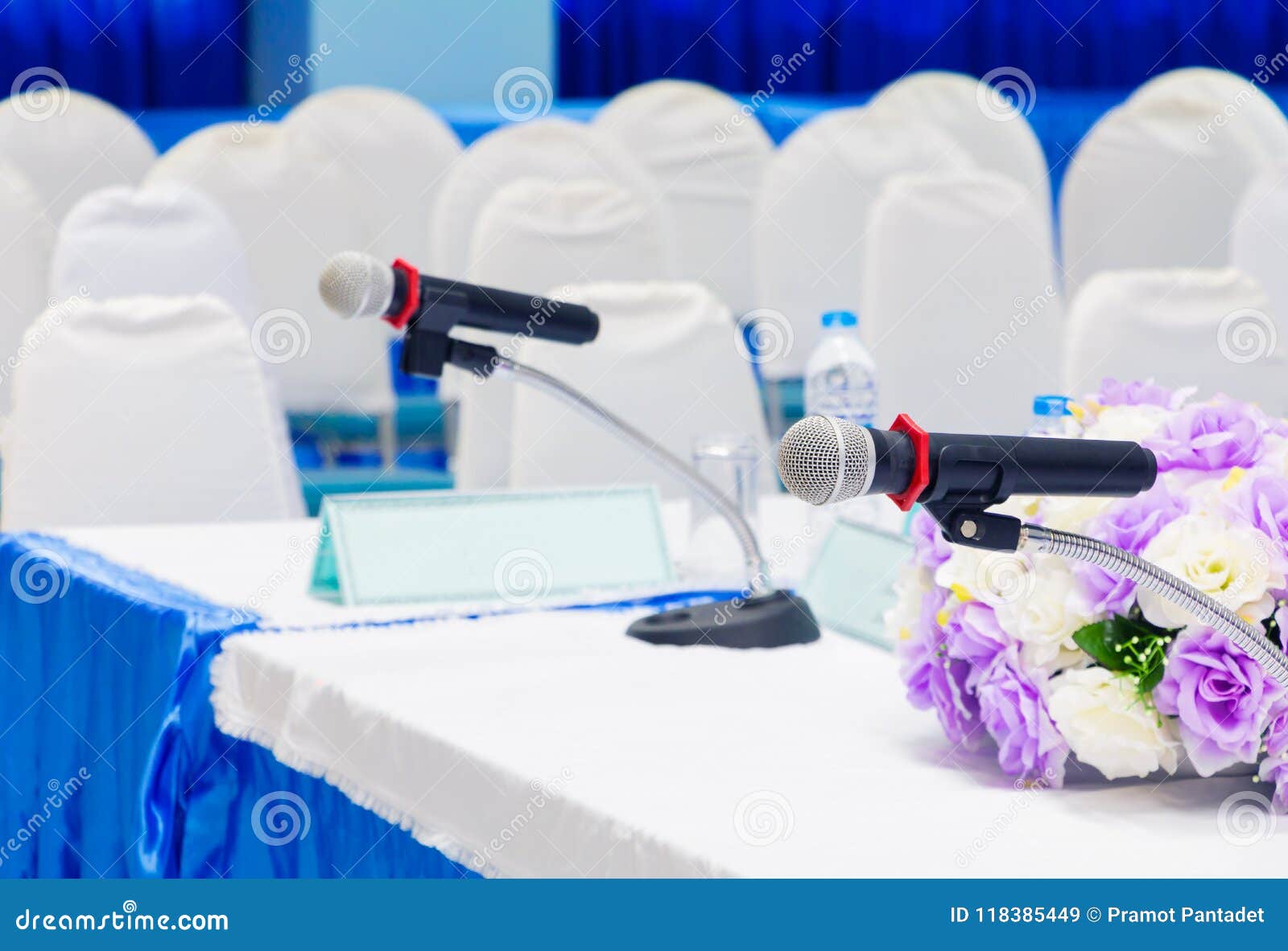 Microphone Wireless on Stand Table in Conference Seminar Room with Copy ...