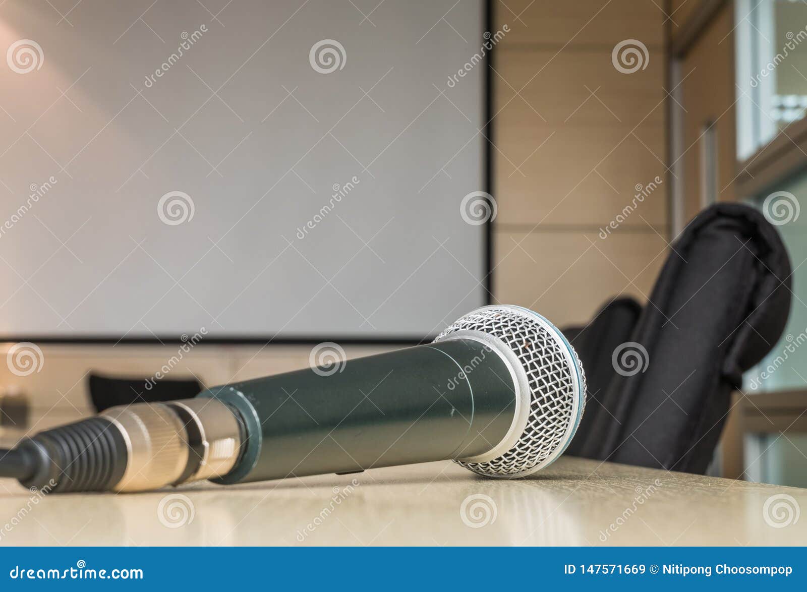 Microphone on Wood Desk in Meeting Room Under Window Light Stock Image ...