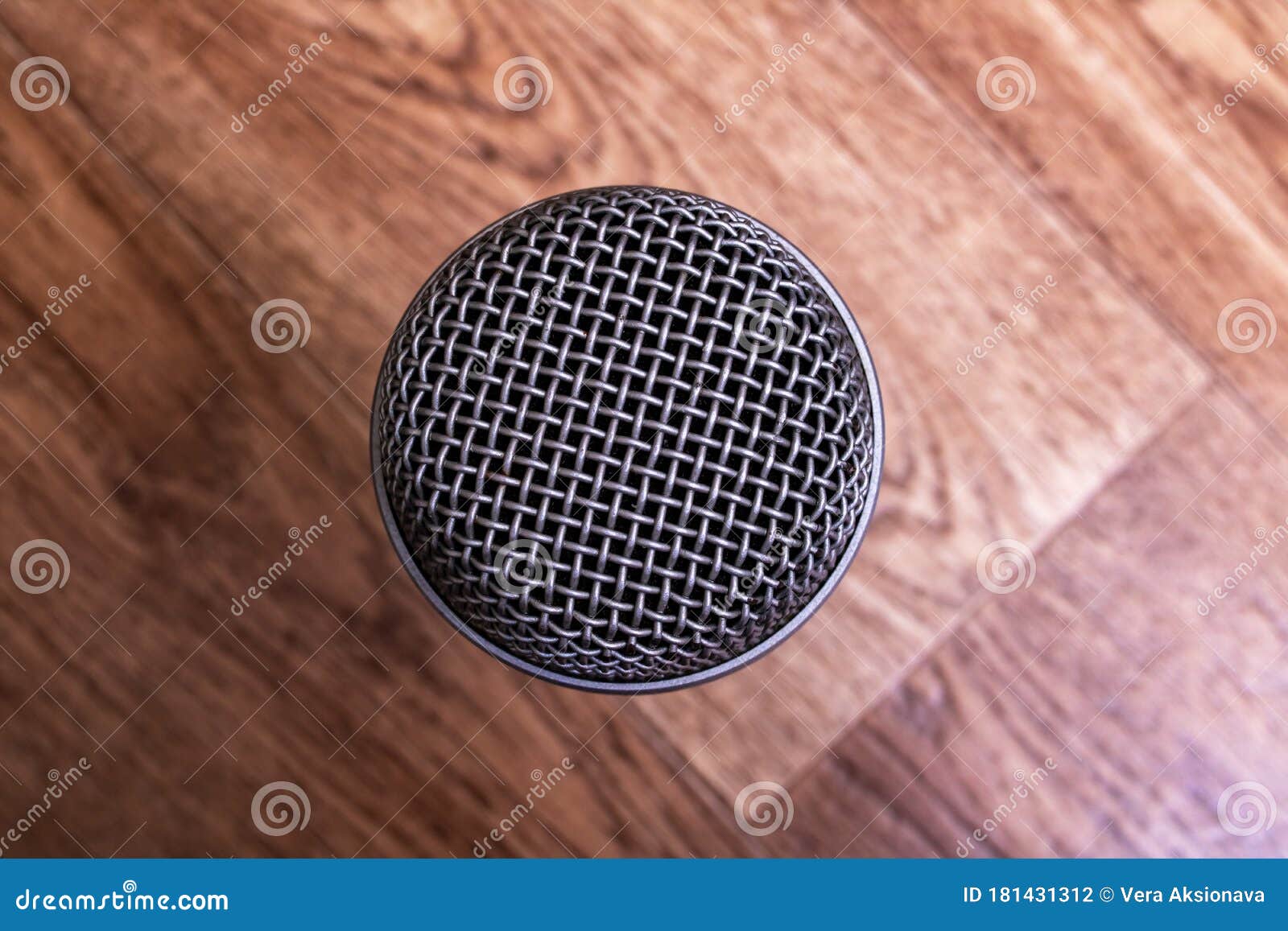 Microphone on Wooden Background Top View Closeup Stock Photo - Image of ...