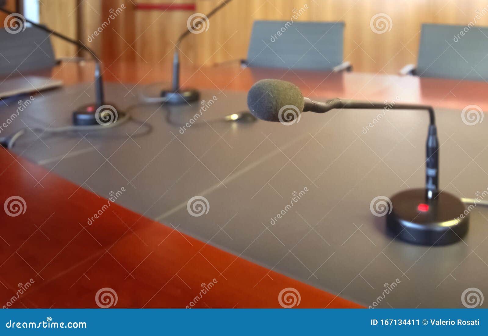 Microphone on a Wooden Table of a Boardroom Stock Image - Image of ...