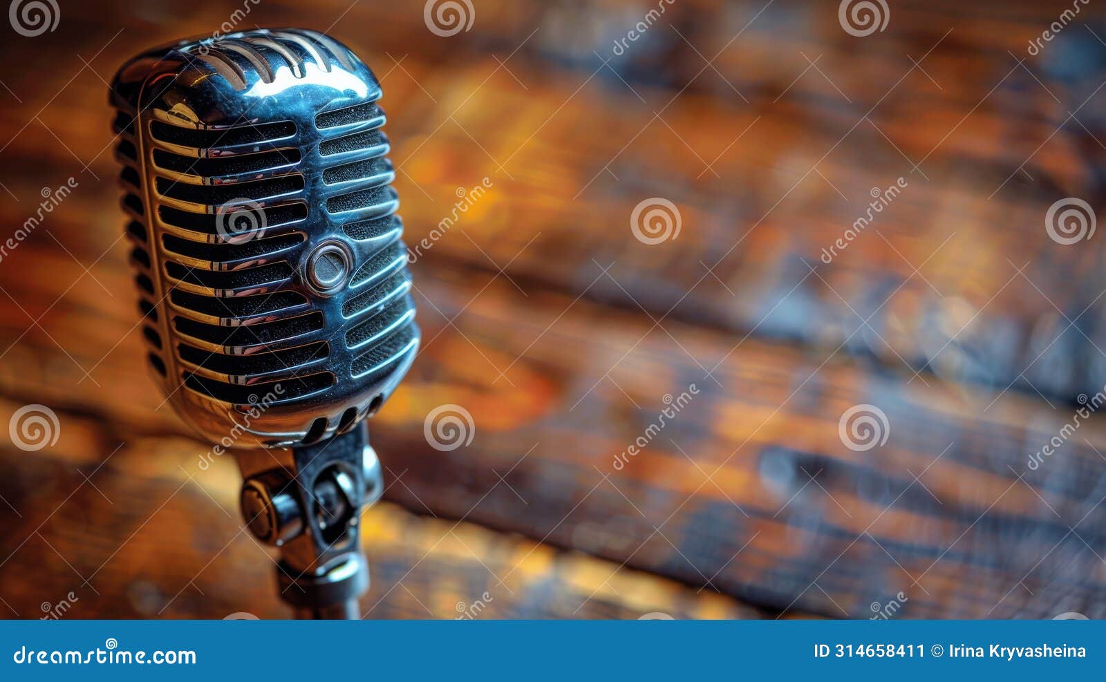 Microphone on Wooden Table stock image. Image of podcasting - 314658411