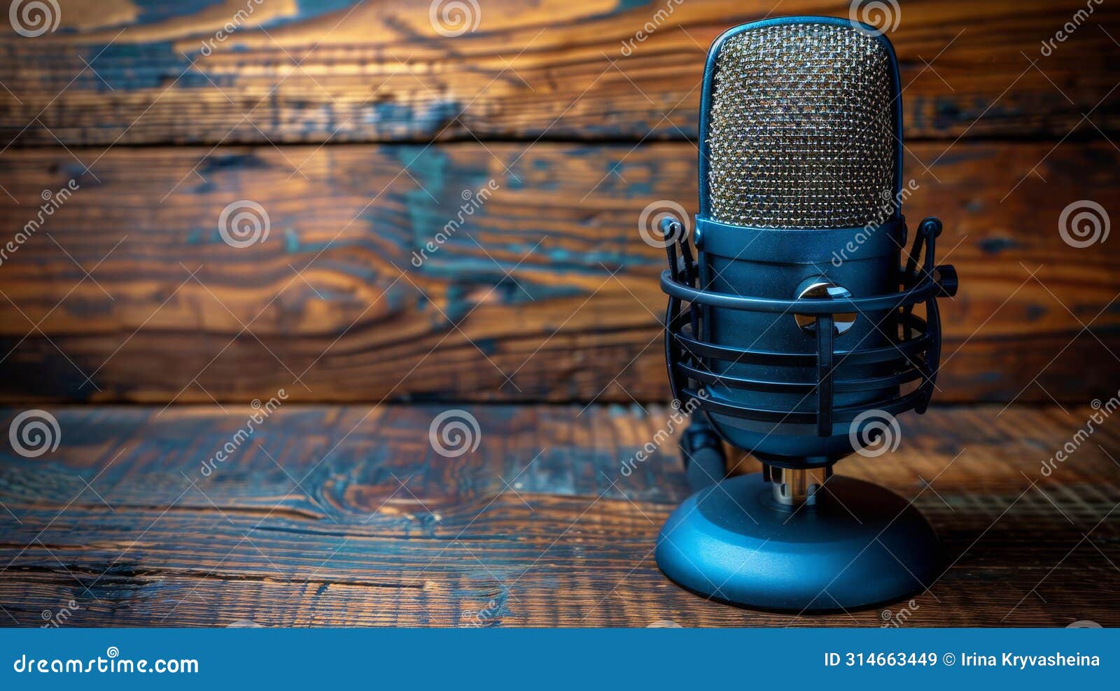 Microphone on Wooden Table stock image. Image of stage - 314663449