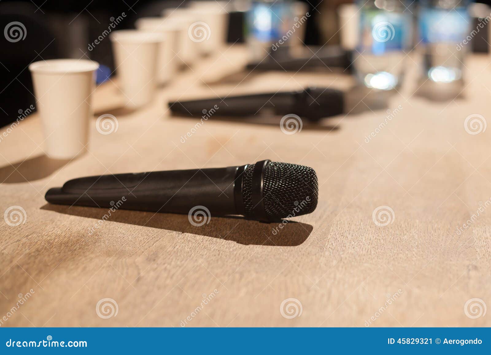 Microphones at Conference Table Stock Image - Image of design, black ...
