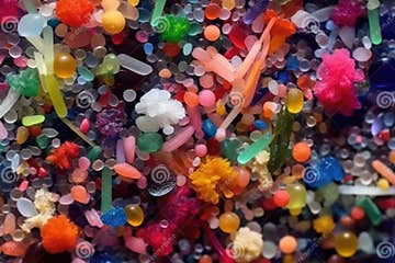 Microplastic Beads in Various Shapes and Colors Under Microscope Stock ...
