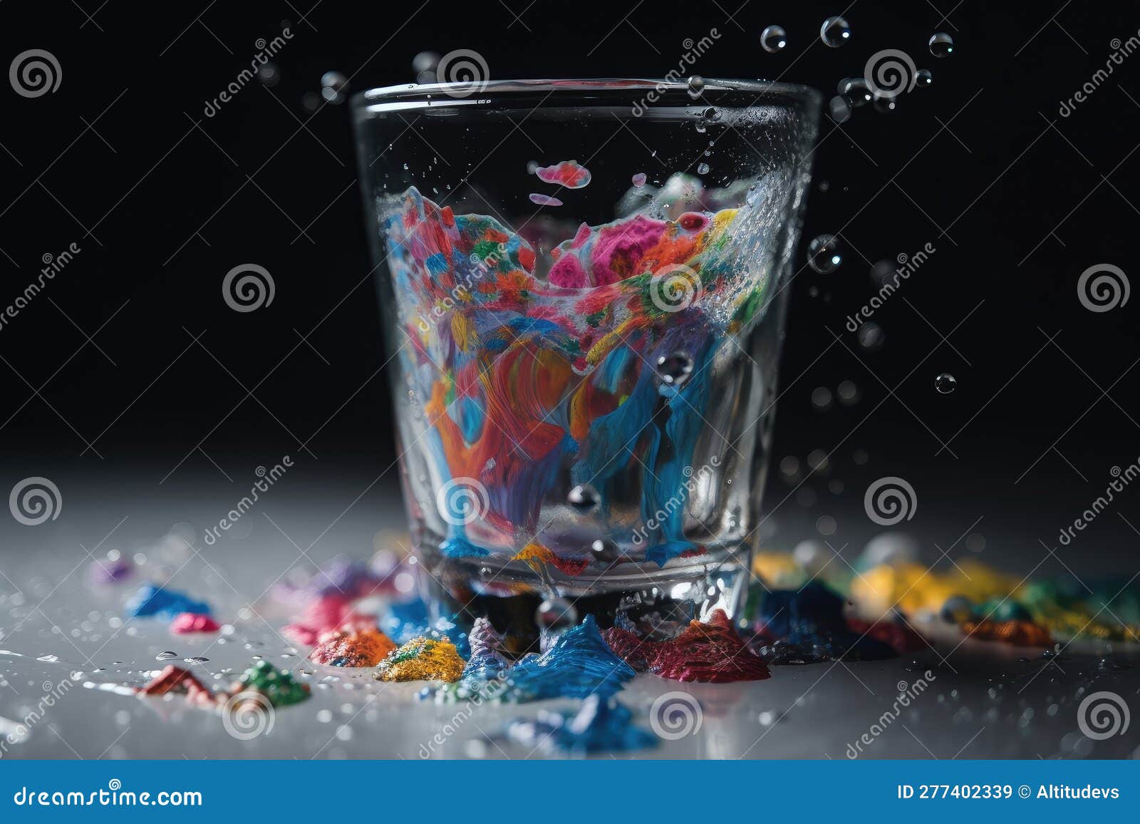 Microplastic Floating in a Glass of Water, Surrounded by Colorful Drops ...