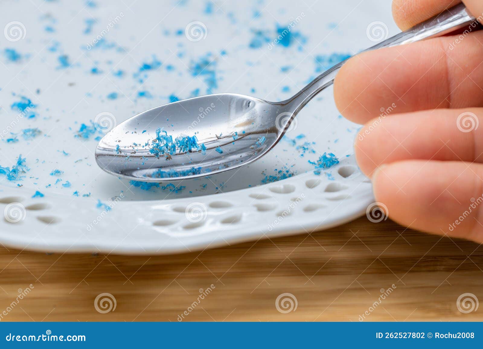 Microplastic in Food, Environment and Health Concept, Spoon and Plate ...