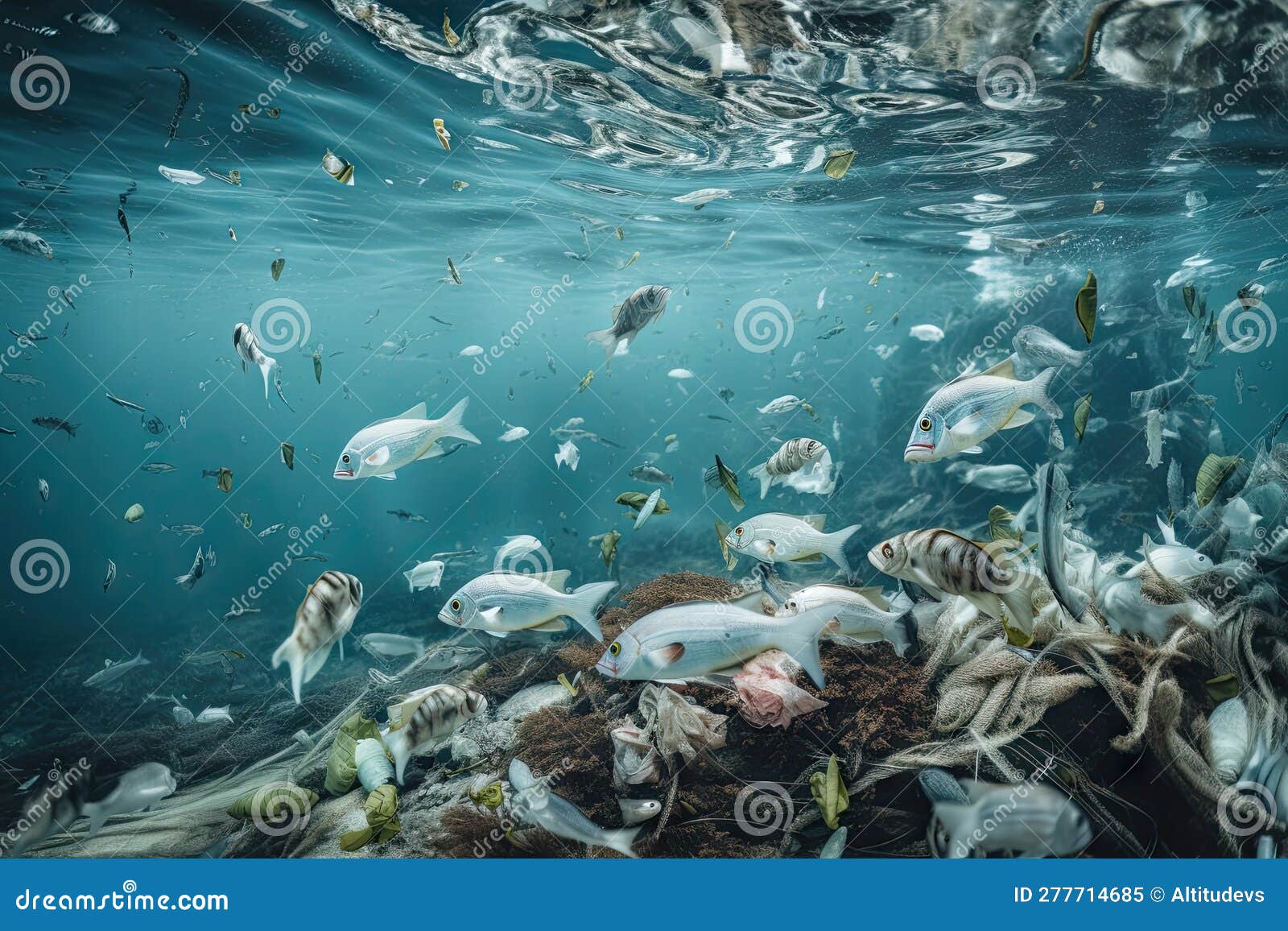 Microplastic Pollution at the Bottom of the Ocean, with Fish Swimming ...