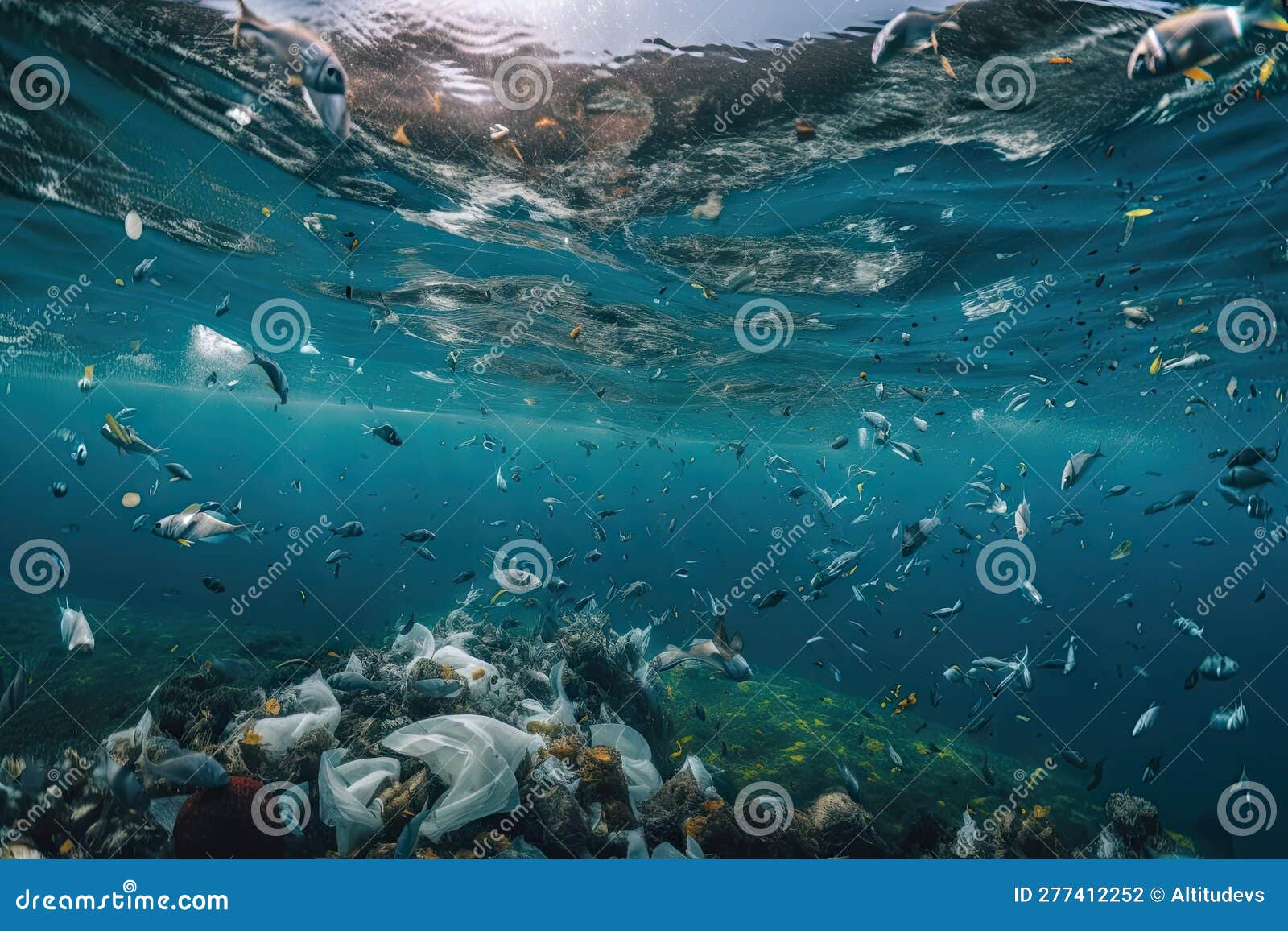 Microplastic Pollution In The Ocean, With Fish And Plankton Swimming ...