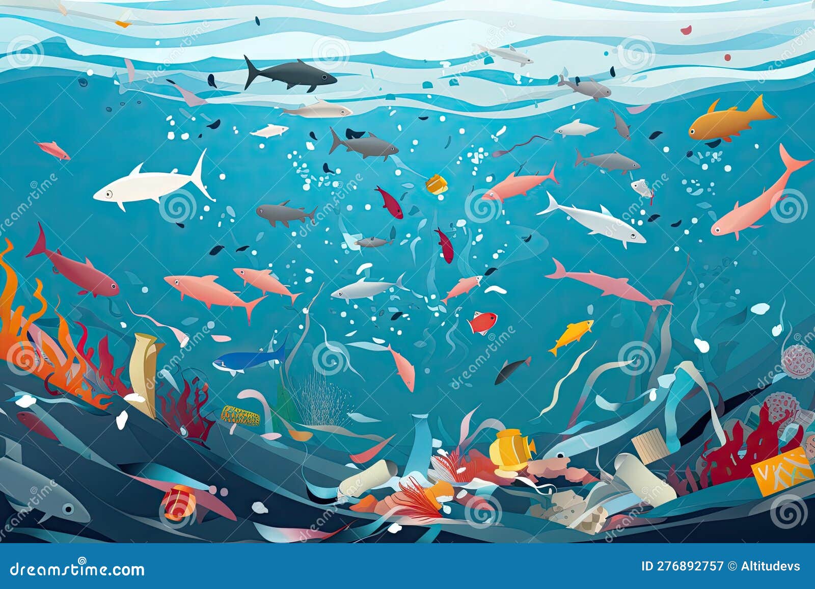 Microplastic Pollution in the Ocean, with Fish Swimming among Plastic ...
