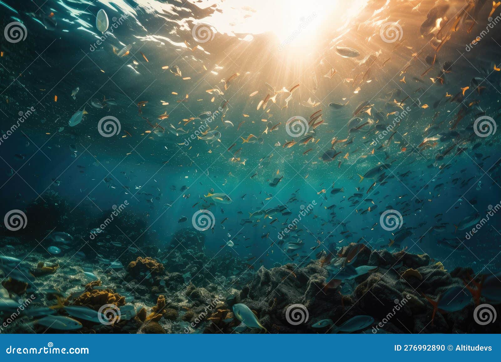 Microplastic Pollution in the Ocean, with Fish Swimming among Plastic ...