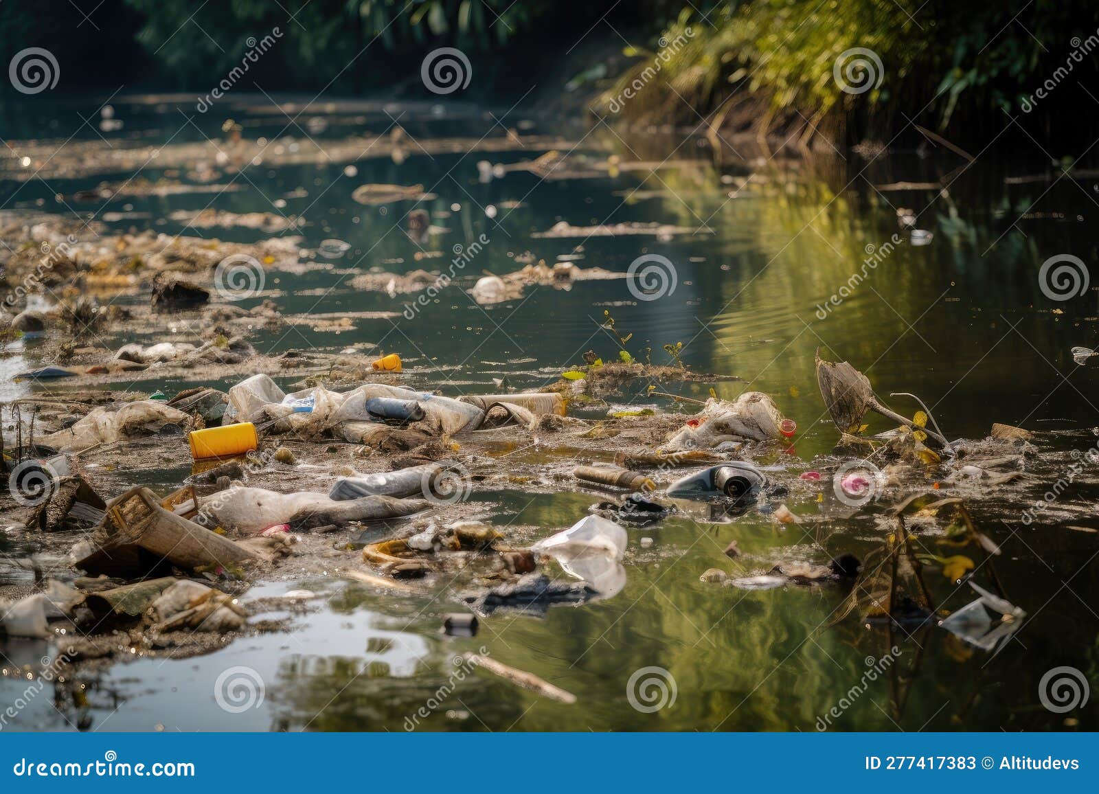 Microplastic Pollution in River, with Trash and Debris Floating on the ...