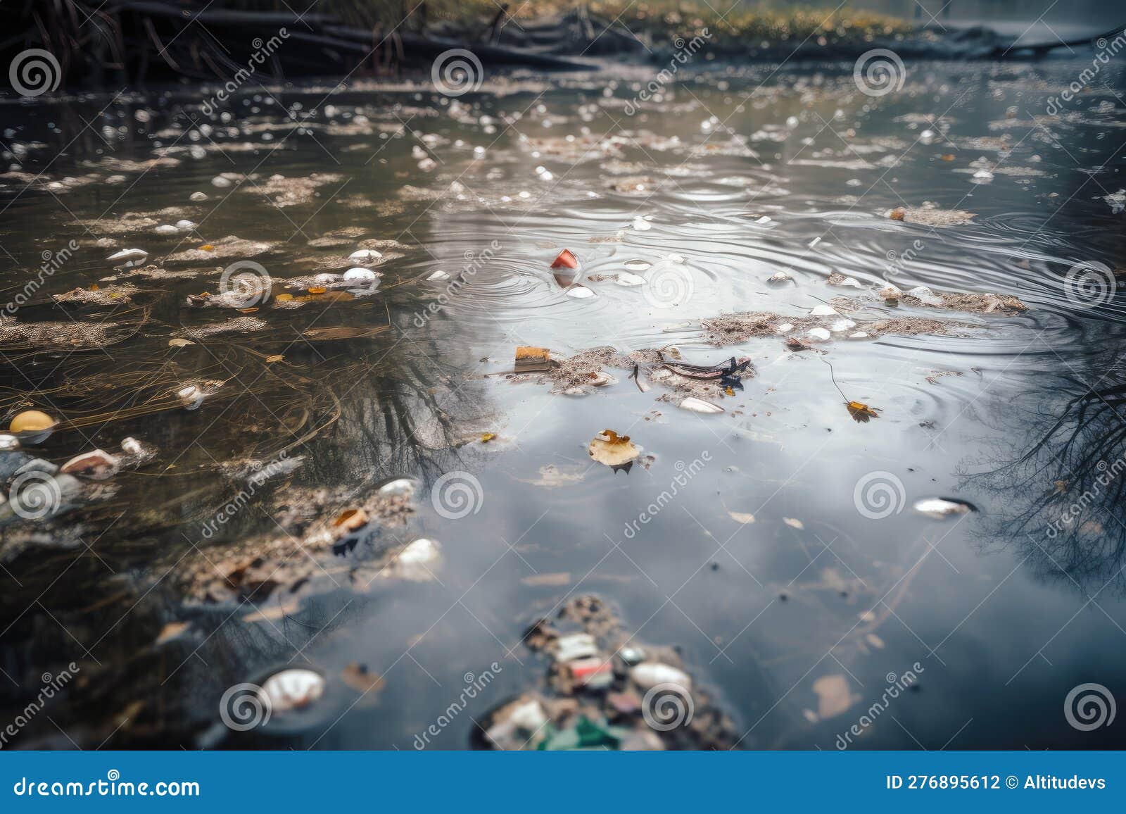 Microplastic Pollution In River, With Trash And Debris Floating On The ...
