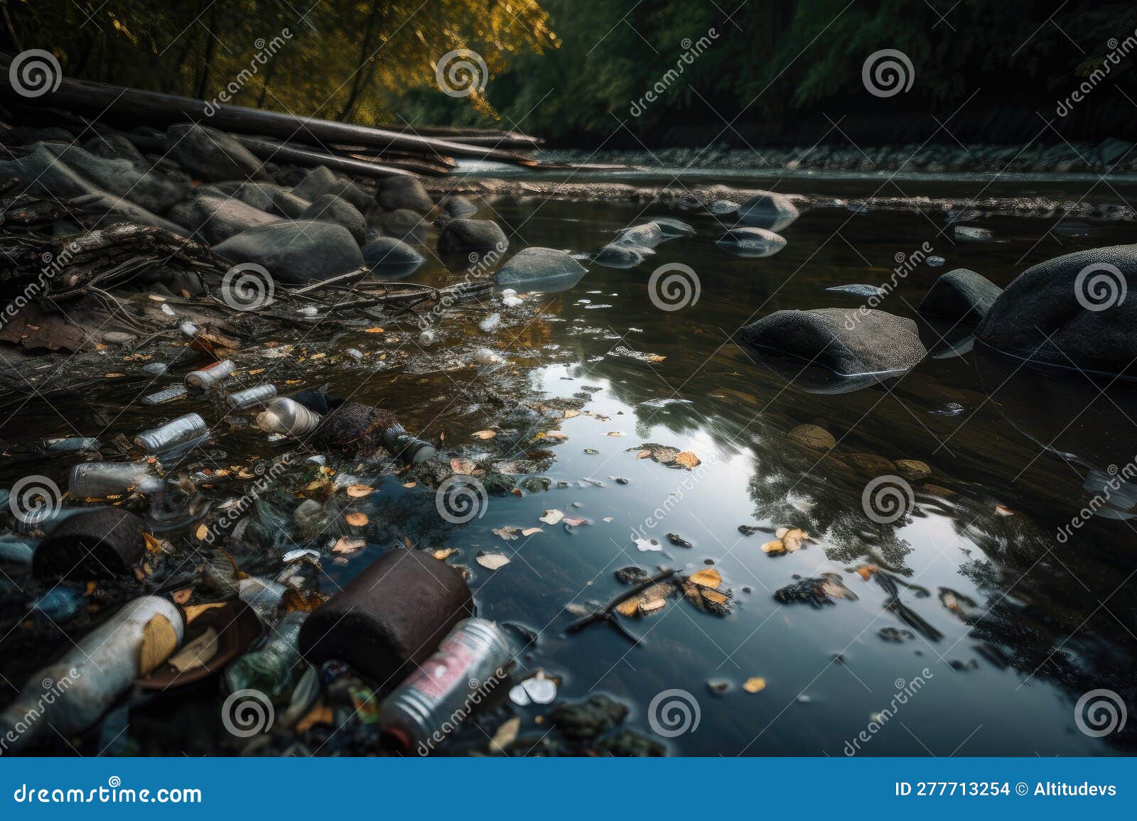Microplastic Pollution in River, with Trash and Debris Floating on the ...
