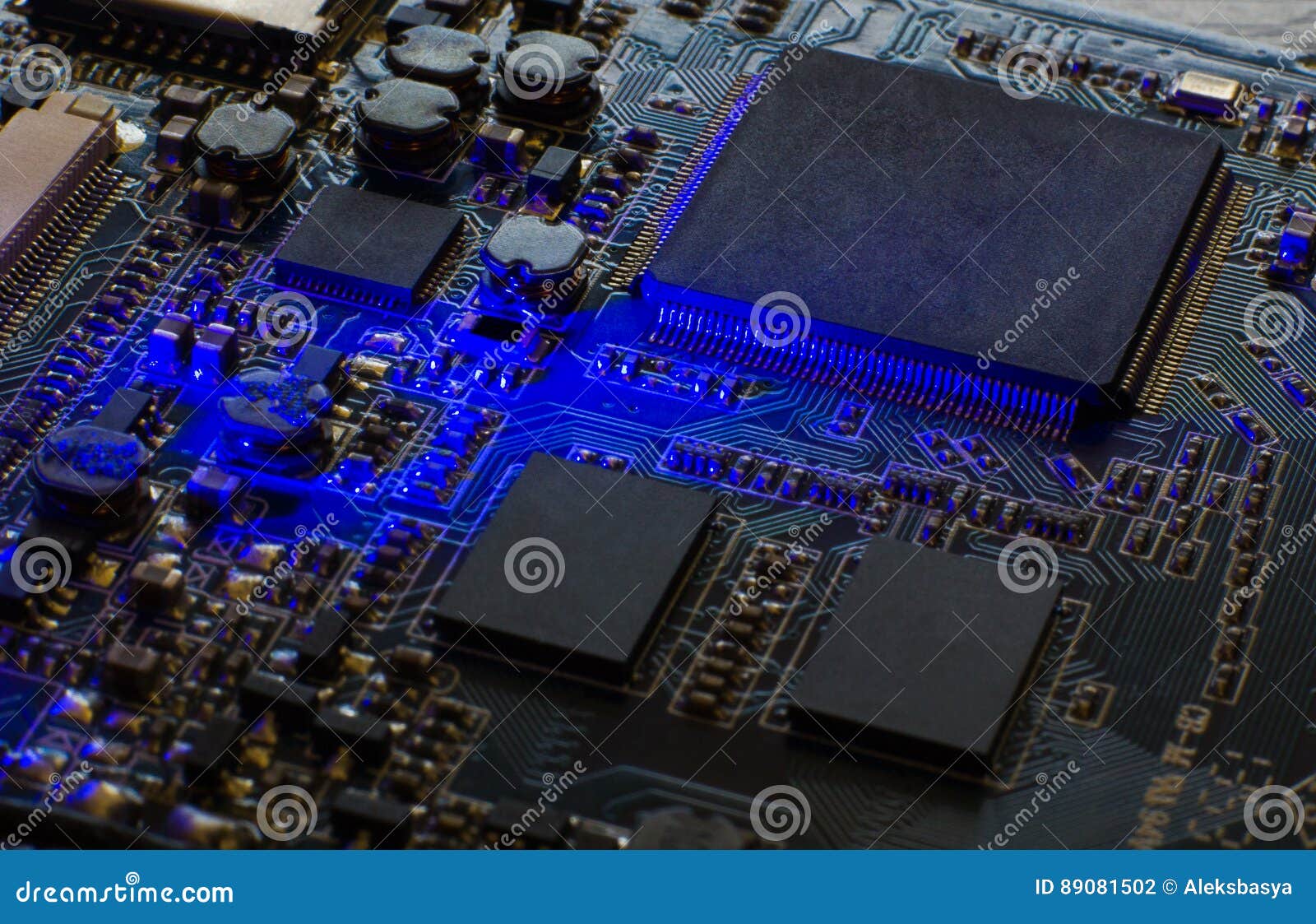 Microprocessor on Blue Circuit Board. Close-up of a Computer Microchip ...