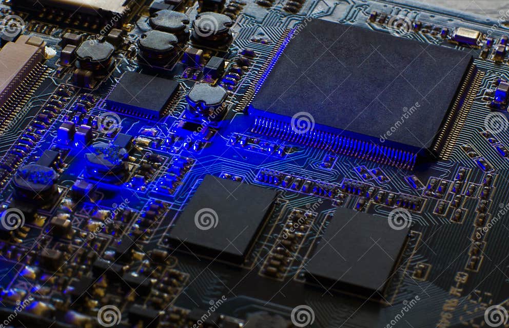 Microprocessor on Blue Circuit Board. Close-up of a Computer Microchip ...
