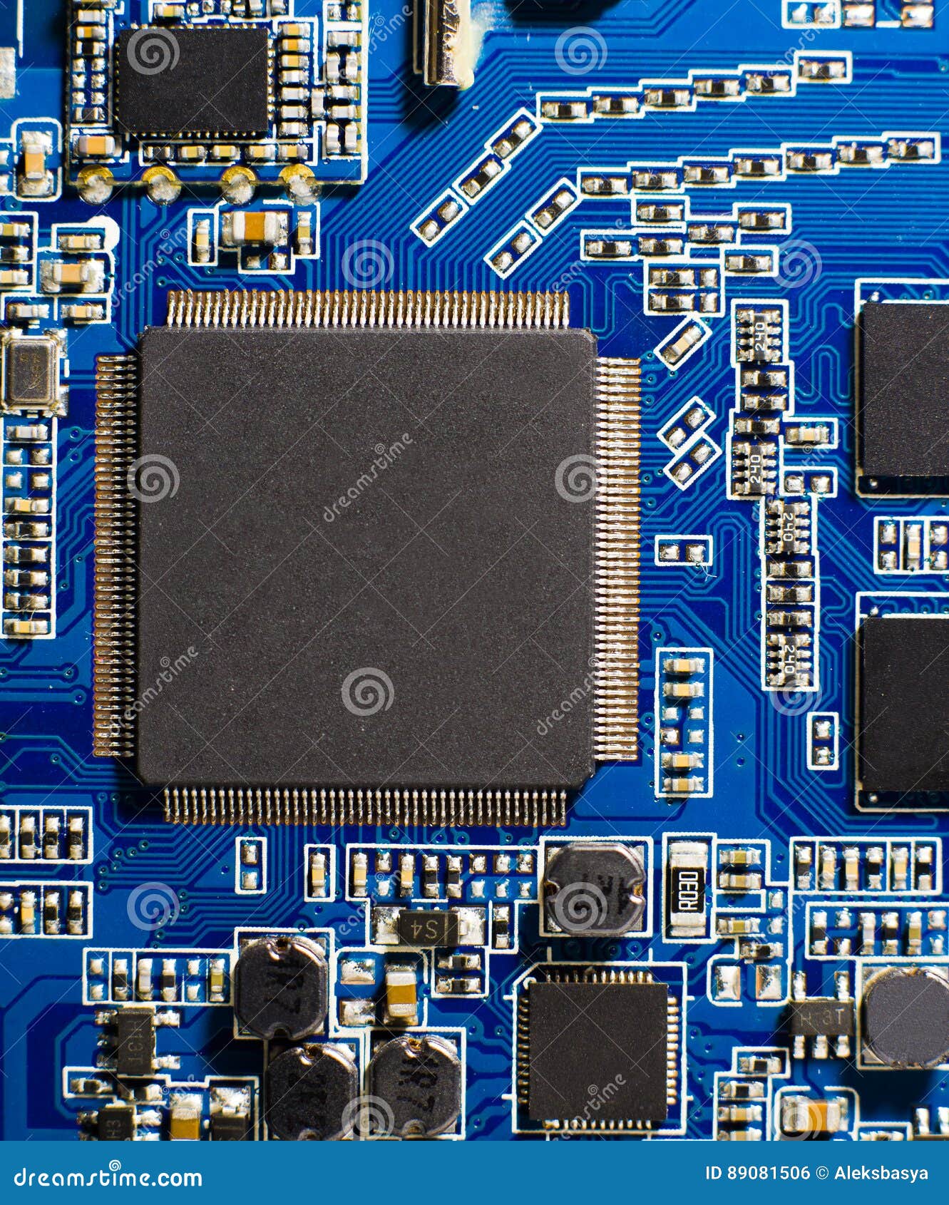 Microprocessor on Blue Circuit Board. Close-up of a Computer Microchip ...
