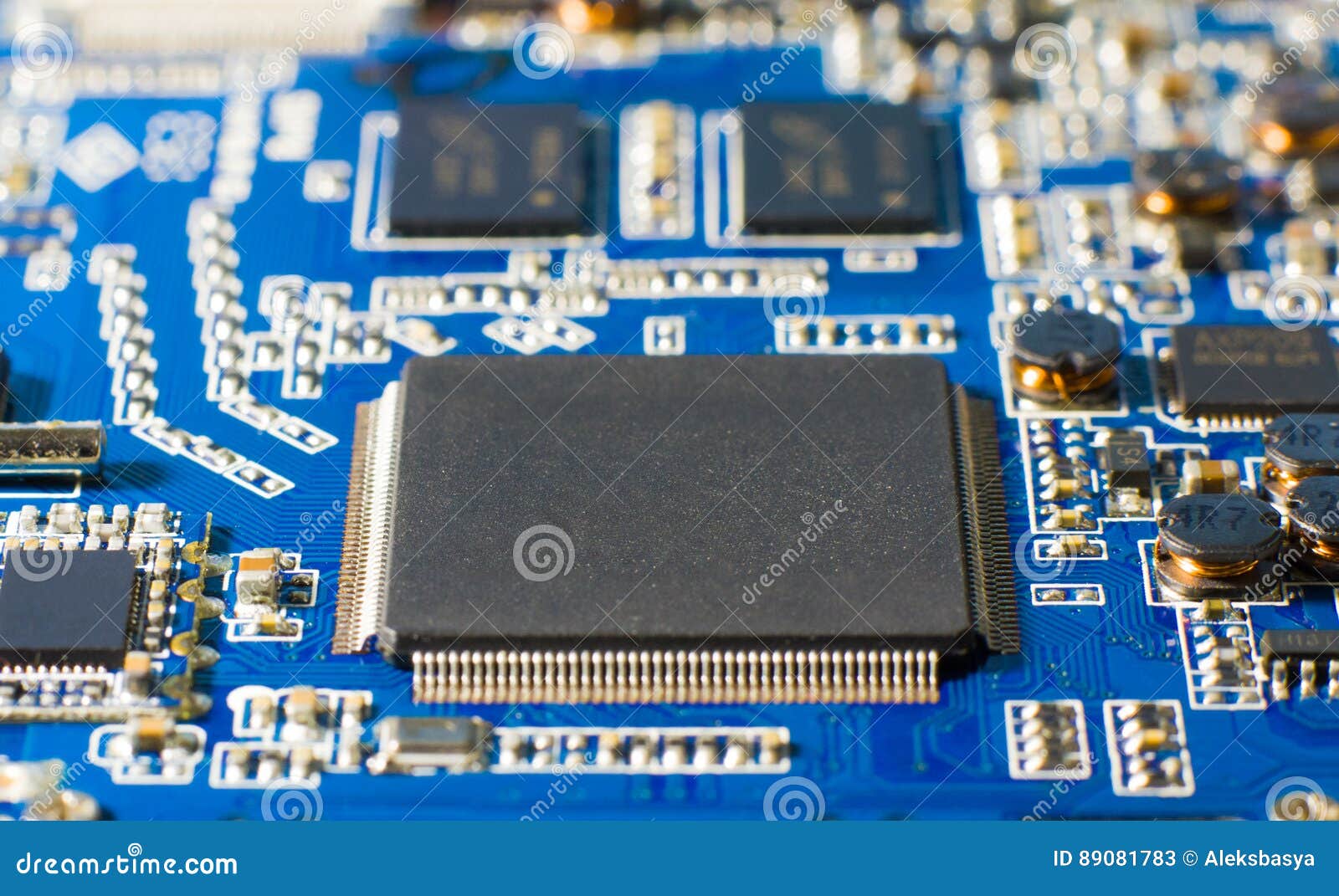 Microprocessor on Blue Circuit Board. Close-up of a Computer Microchip ...