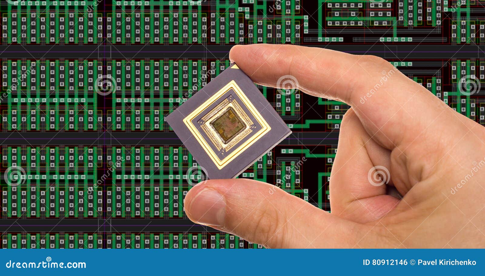 Microprocessor in Hand and Its Layout Stock Photo - Image of circuit ...