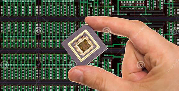 Microprocessor in Hand and Its Layout Stock Photo - Image of circuit ...