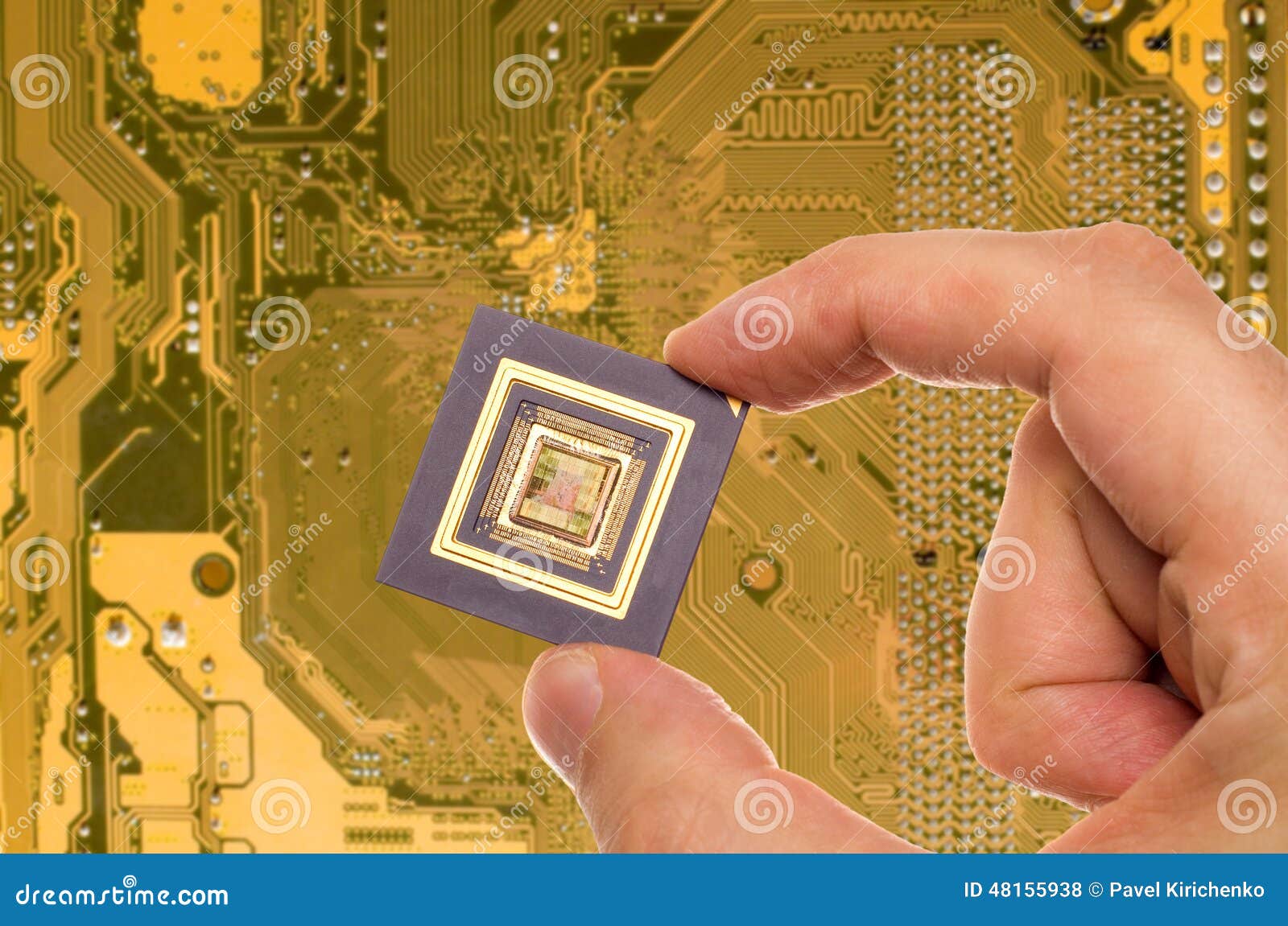 Microprocessor in Hand Over PCB Stock Photo - Image of hand, contact ...
