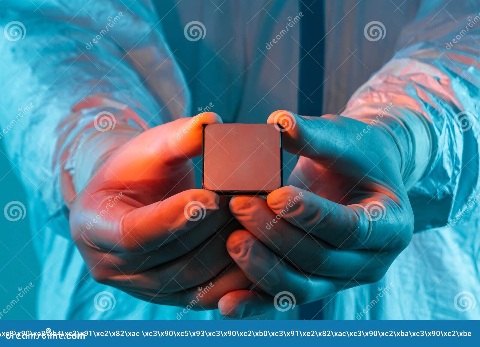 Microprocessor in Hands in Latex Gloves in a Sterile Suit Close-up. the ...