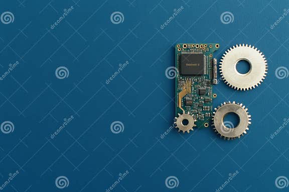 A Microprocessor is Positioned with Metallic Gears on a Smooth Blue ...