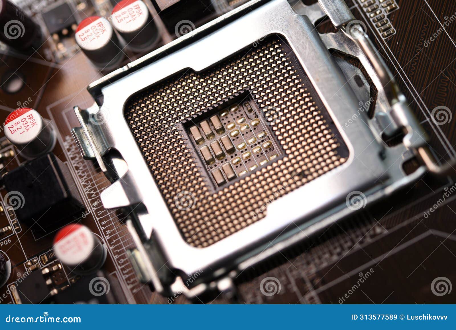 Microprocessor and Socket on the Motherboard. Computer Radio Components ...