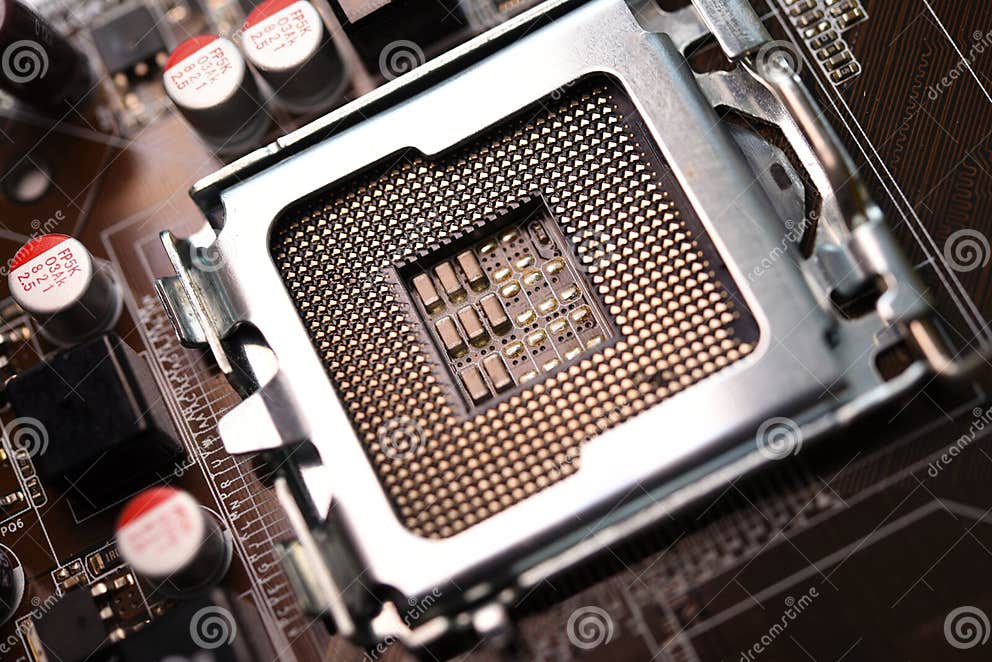Microprocessor and Socket on the Motherboard. Computer Radio Components ...