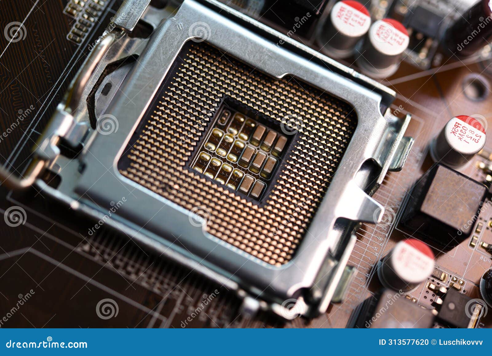 Microprocessor and Socket on the Motherboard. Computer Radio Components ...