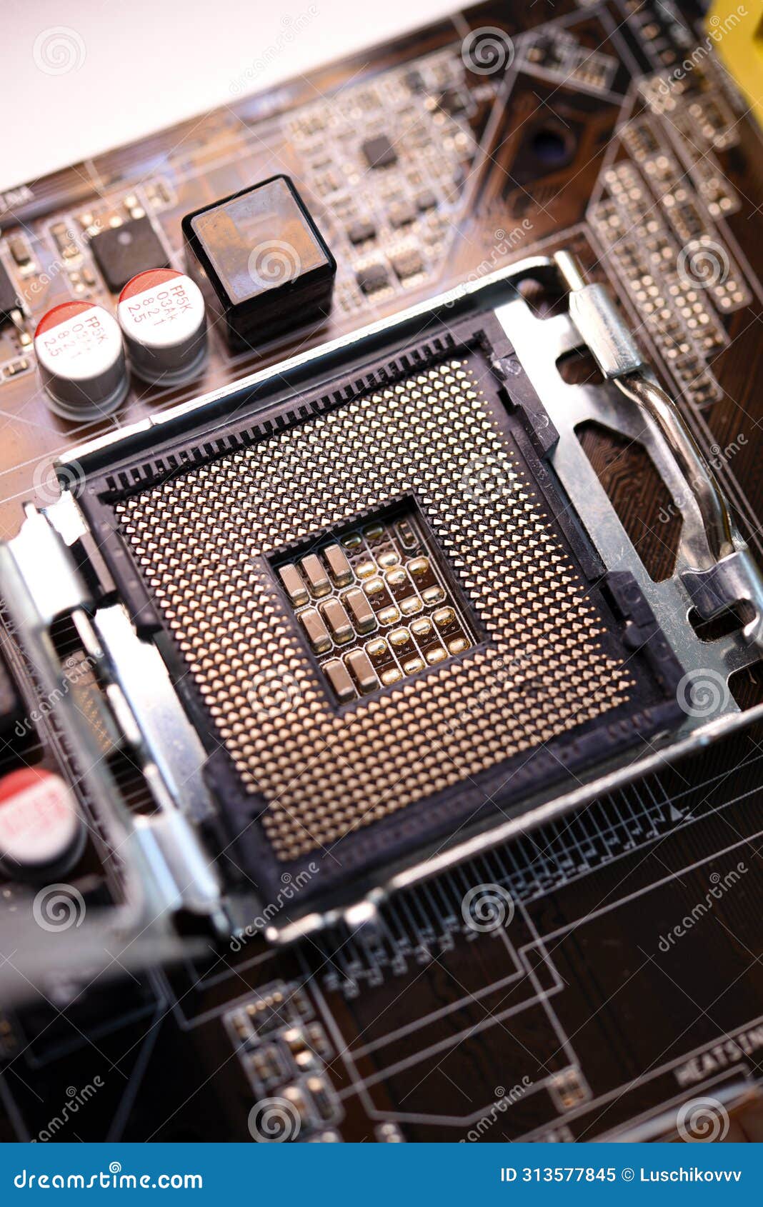 Microprocessor and Socket on the Motherboard. Computer Radio Components ...