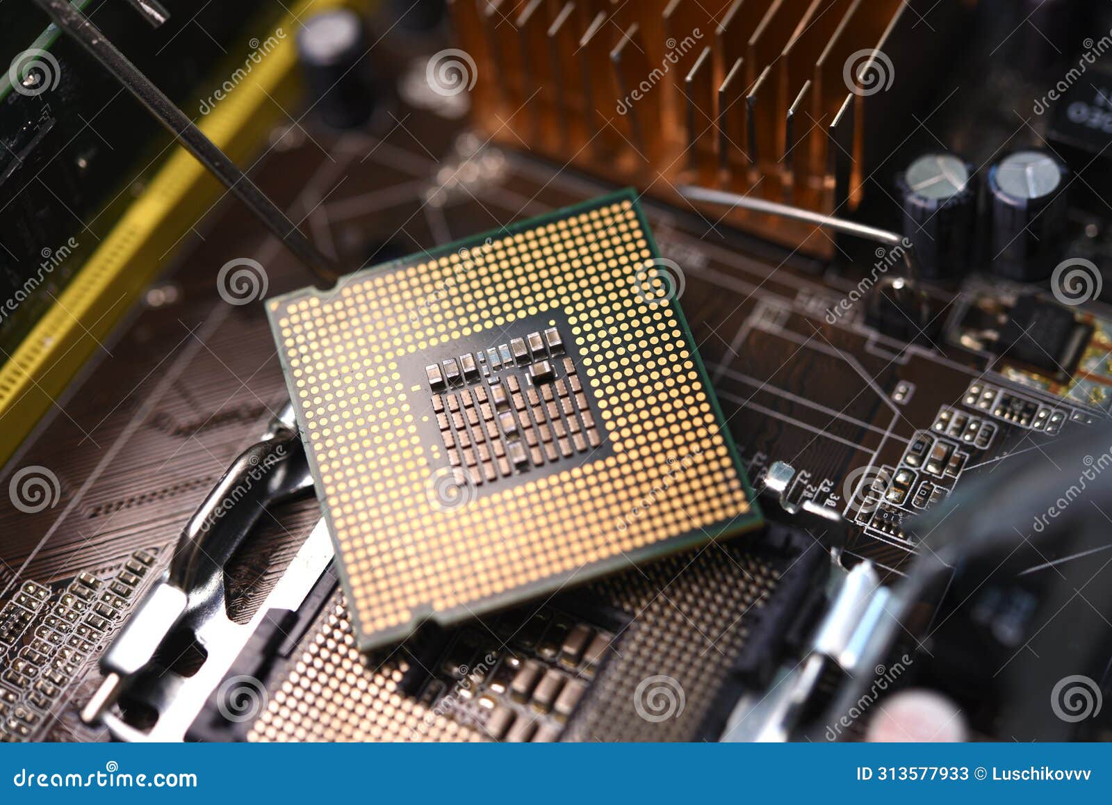 Microprocessor and Socket on the Motherboard. Computer Radio Components ...