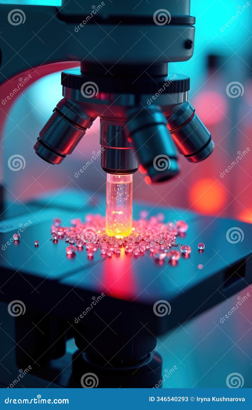 Microscope Analyzes Liquid Sample. Vibrant Droplets Illuminate Lab ...