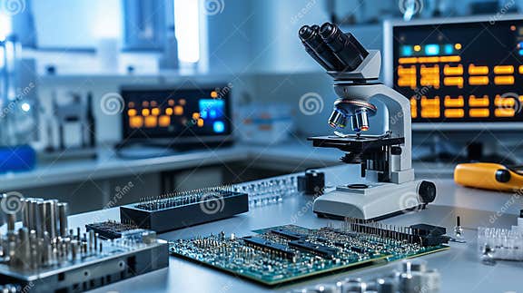 Microscope Analyzing Electronic Circuit Boards in Laboratory Setting ...