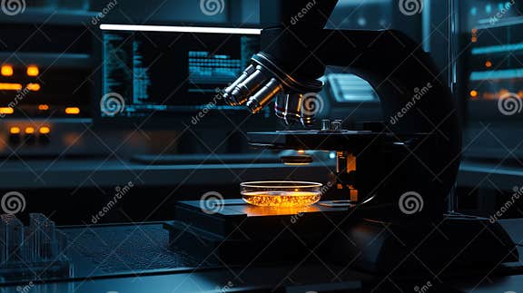 Microscope Analyzing Glowing Sample in High-tech Lab Setting Stock ...