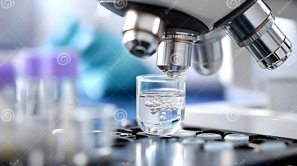 Microscope Analyzing Liquid Sample in a Transparent Container with ...