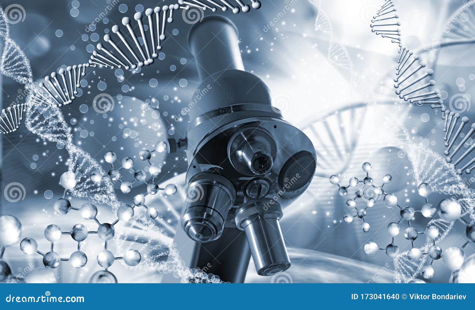Microscope on the Background of a Stylized Image of a DNA Chain Stock ...