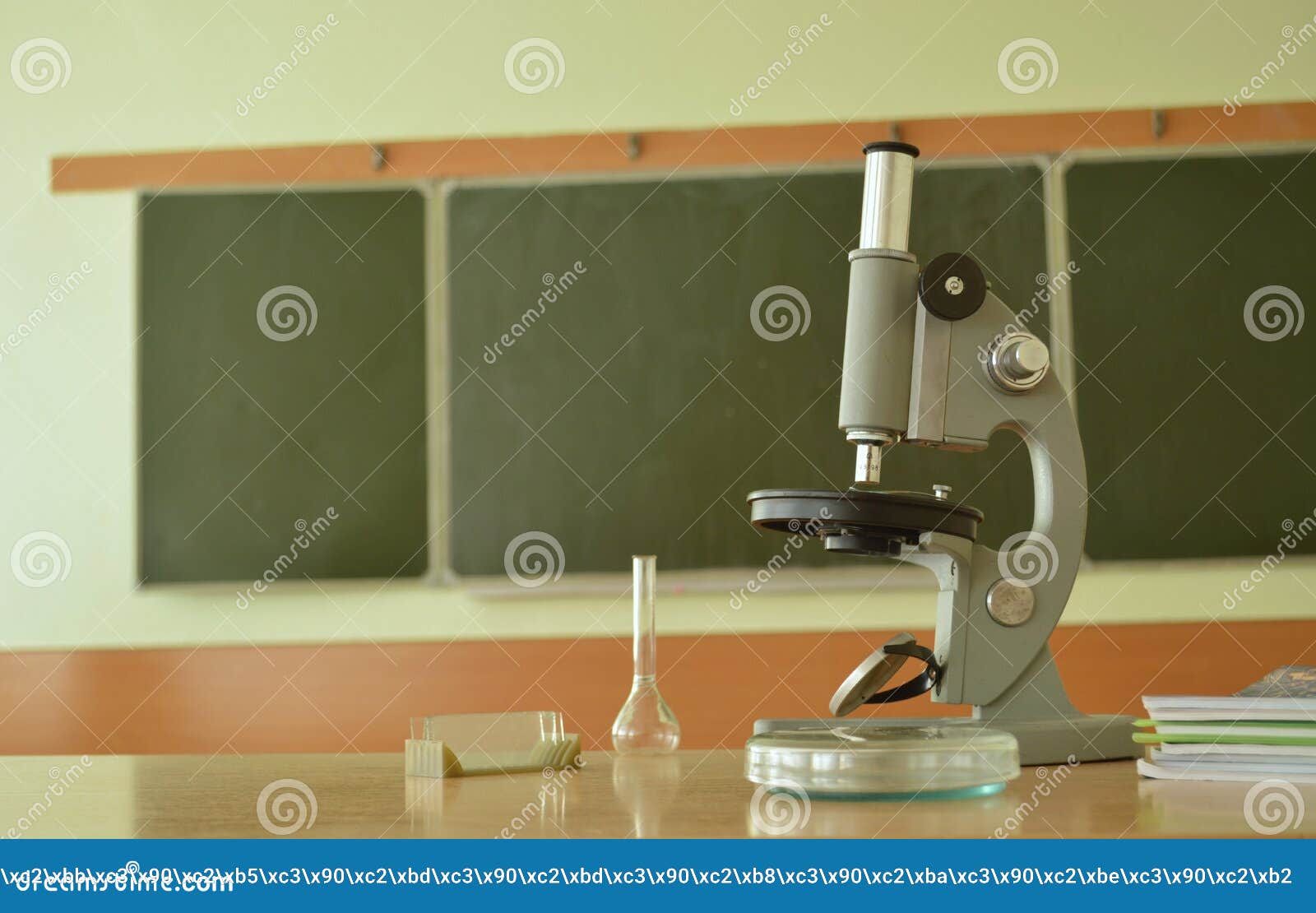Microscope, Beakers, Notebooks on the Background of the School Board ...