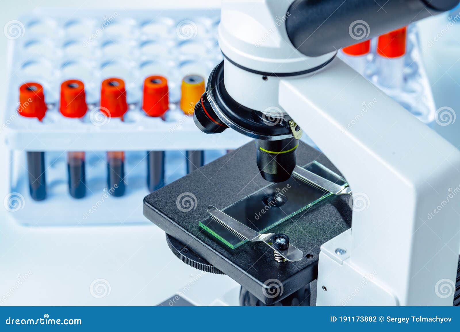 Microscope with Blood Samples Test Tubes Close Up Stock Photo - Image ...
