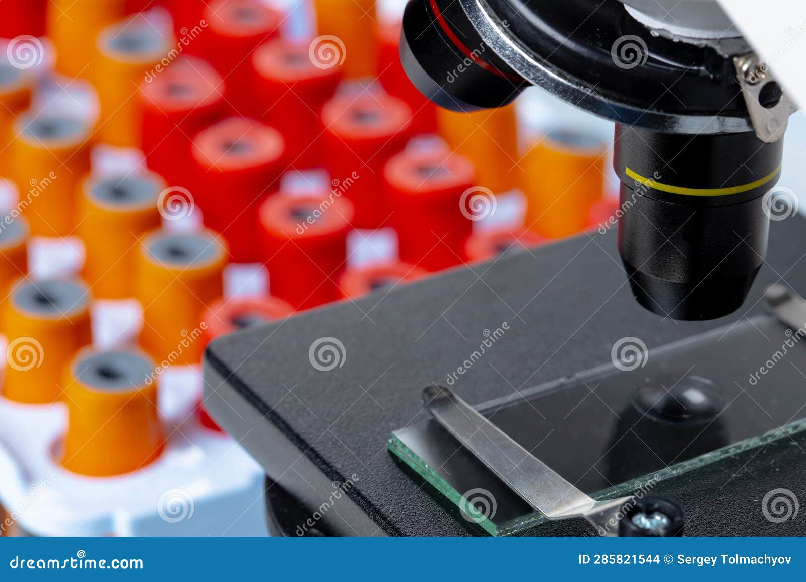 Microscope with Blood Samples Test Tubes Close Up Stock Photo - Image ...