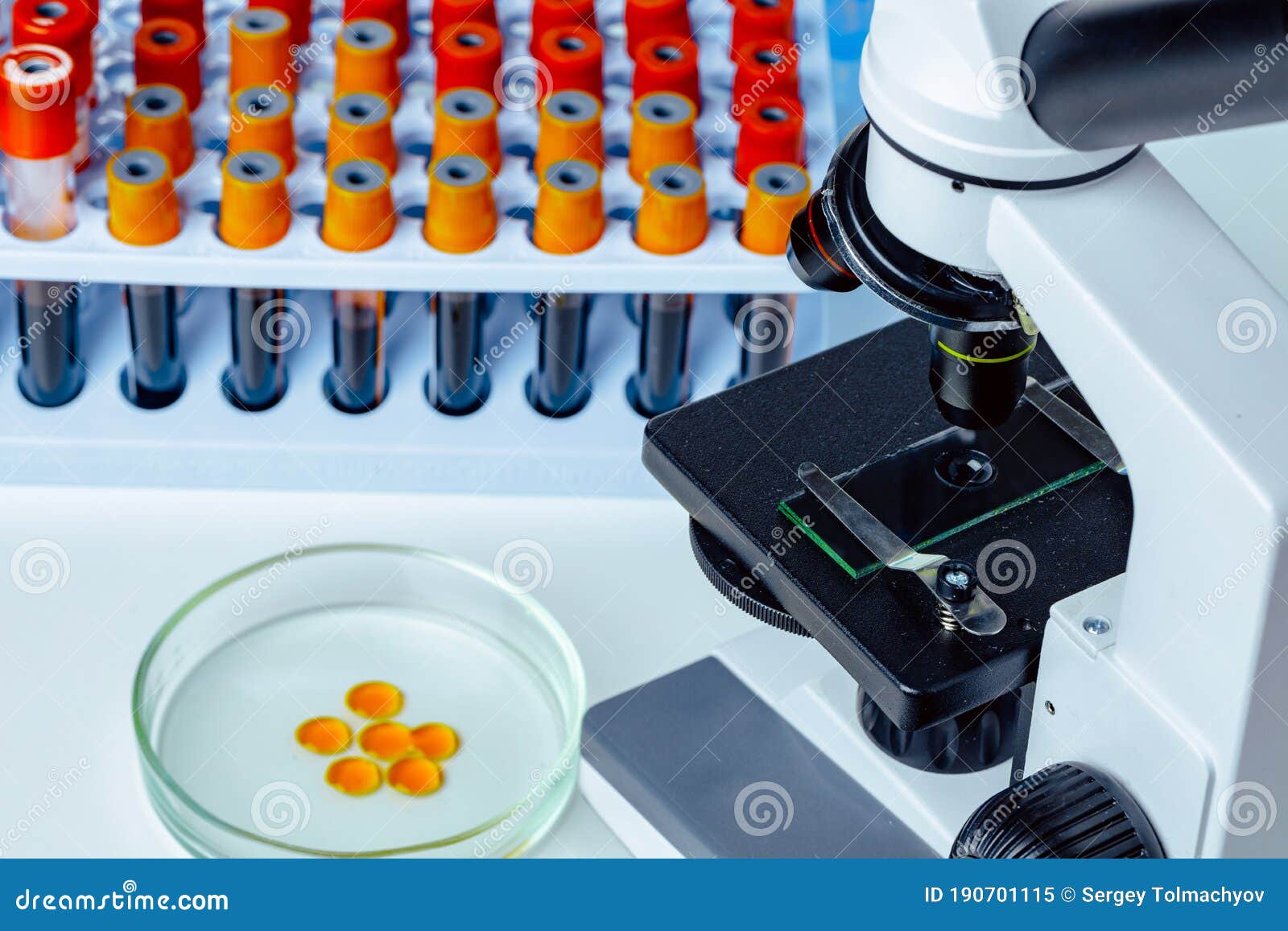 Microscope with Blood Samples Test Tubes Close Up Stock Image - Image ...