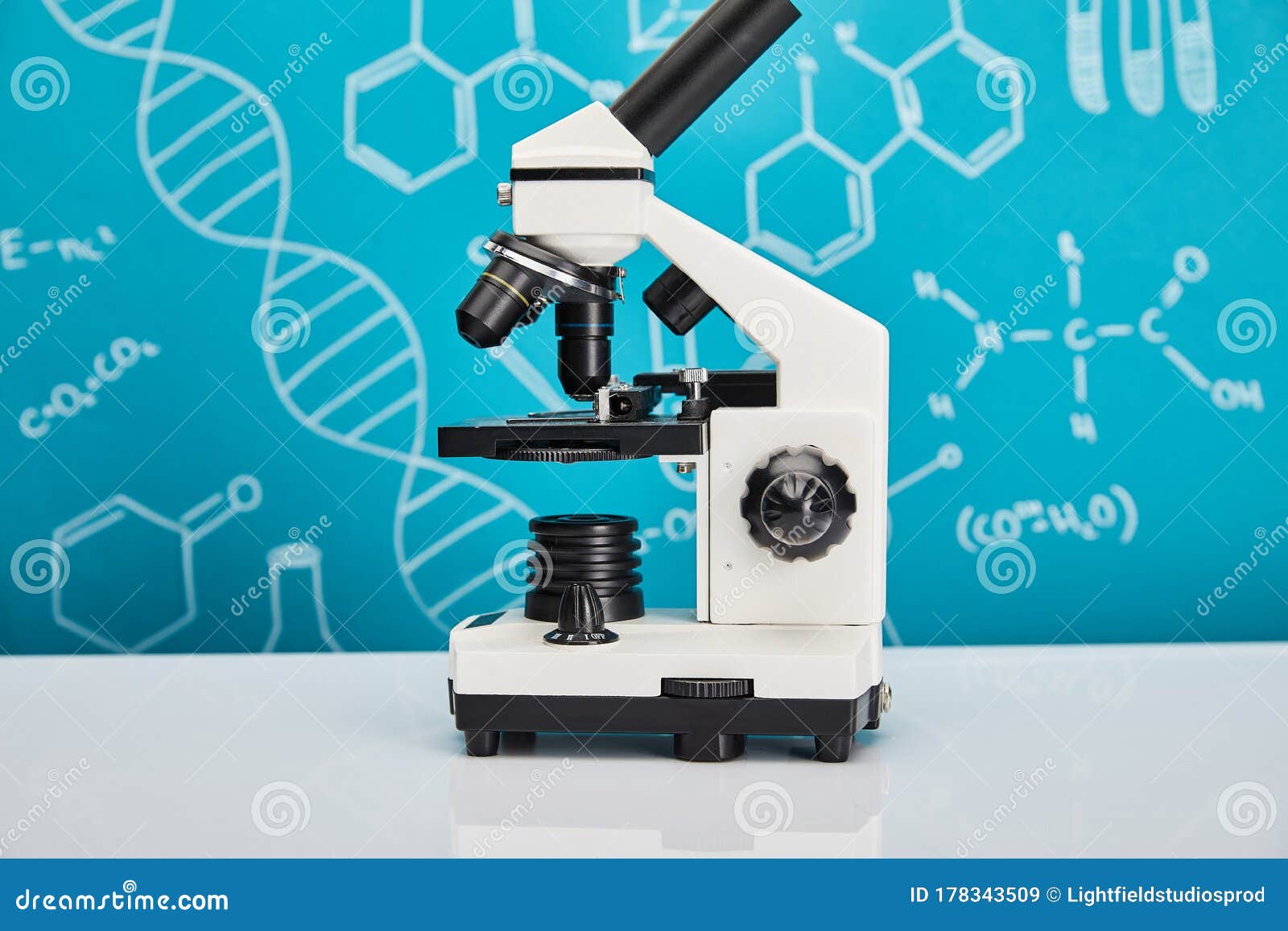 Microscope on Blue Background with Molecular Stock Image - Image of ...