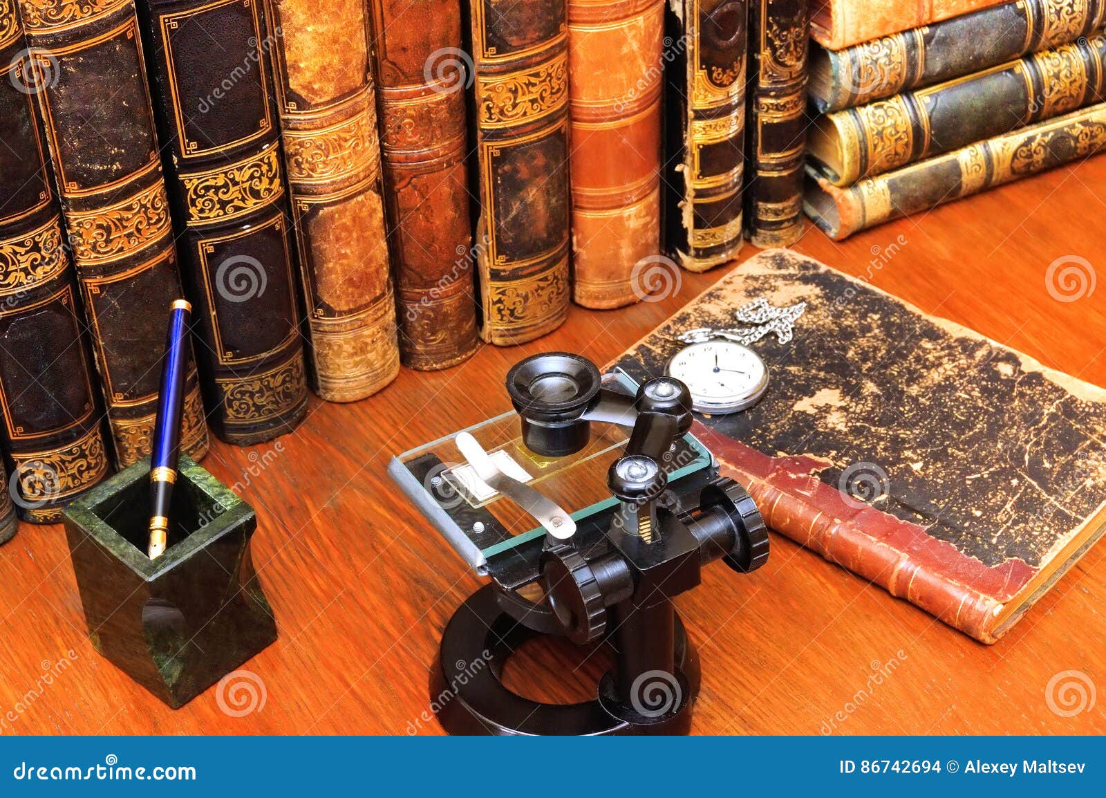 Microscope, Books and Pen in the Laboratory Stock Photo - Image of aged ...