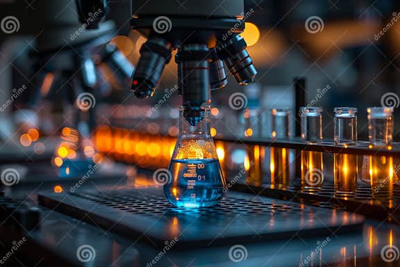 Microscope and Chemical Flasks on Table Exploring Organic Chemistry in ...