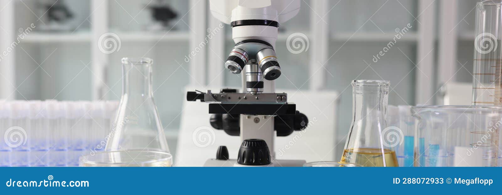 Microscope and Chemical Laboratory Glassware on Lab Table. Stock Image ...