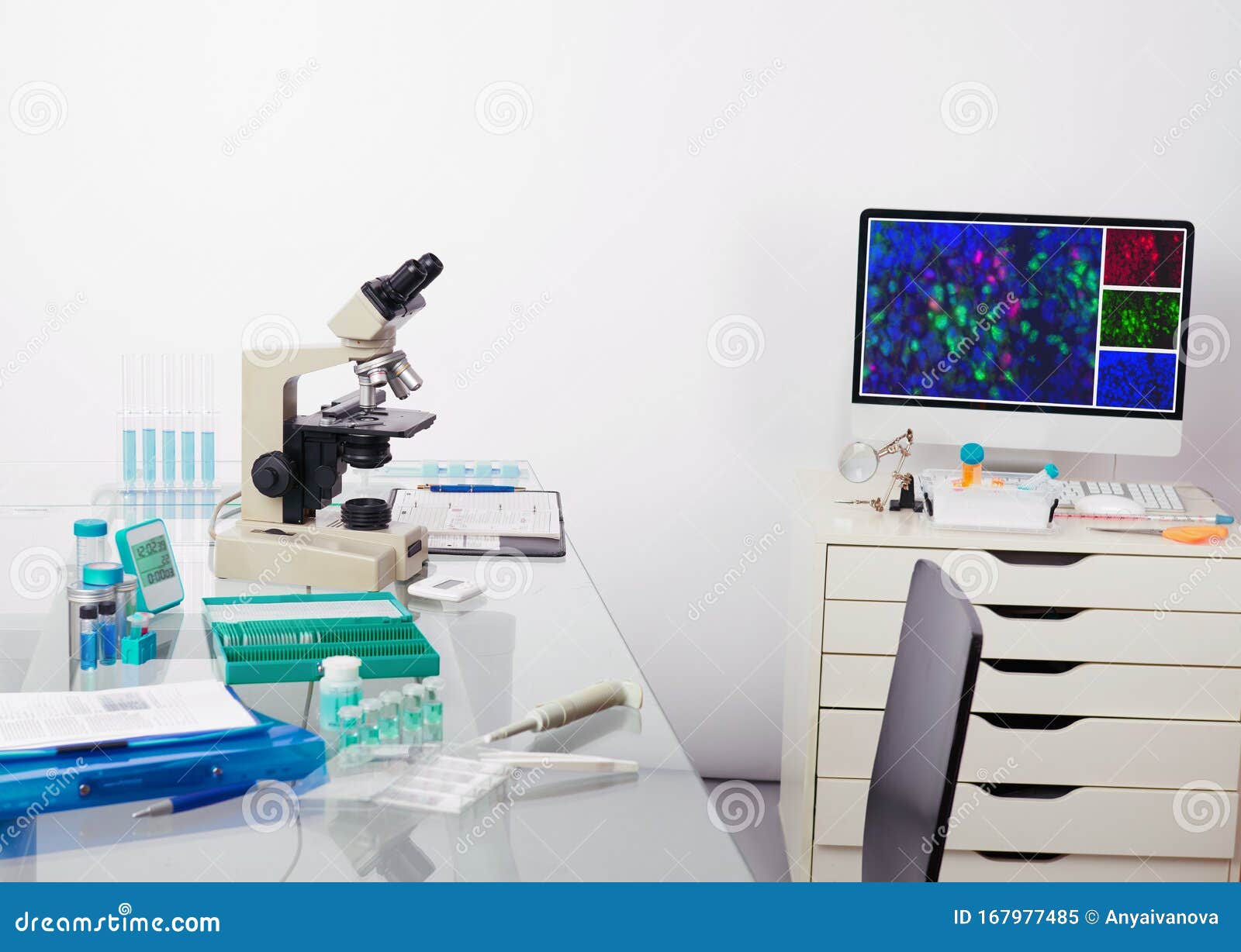 Microscope, Computer Monitor with Digital Fluorescent Image and Tools ...